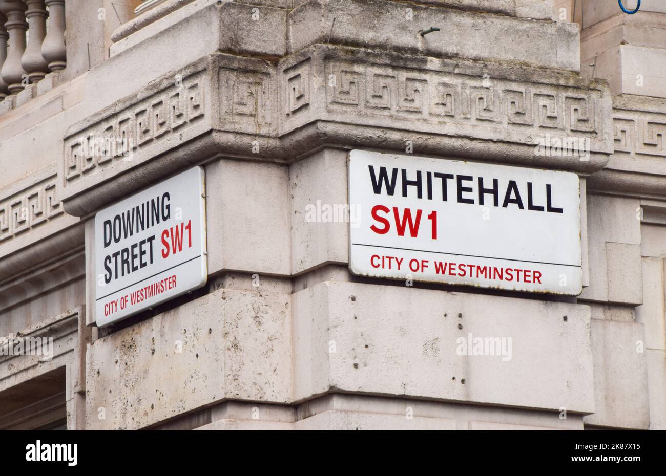 General view of Whitehall and Downing Street signs in Westminster Stock ...