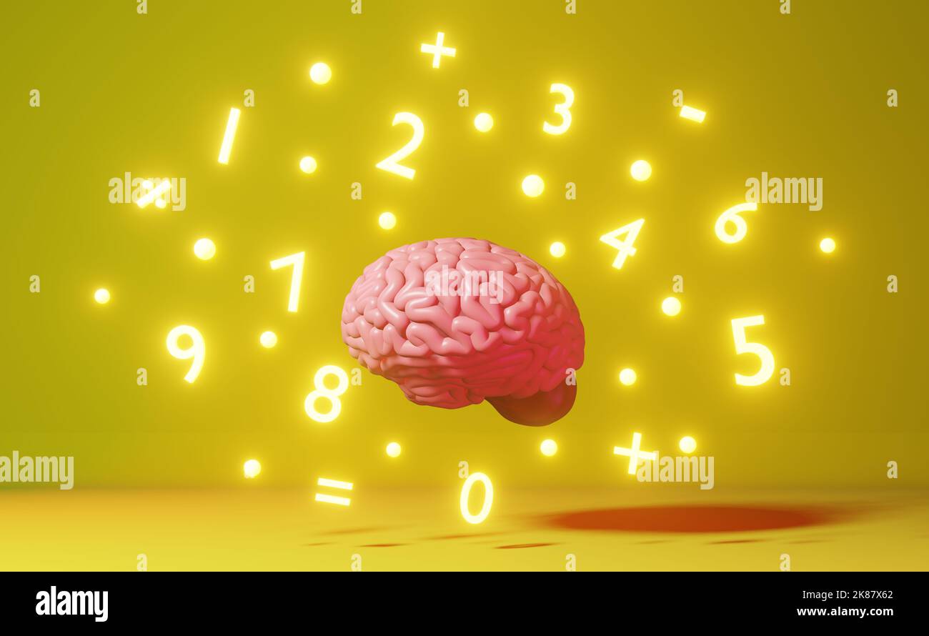 Human brain numbers math symbols yellow background 3d rendering ...