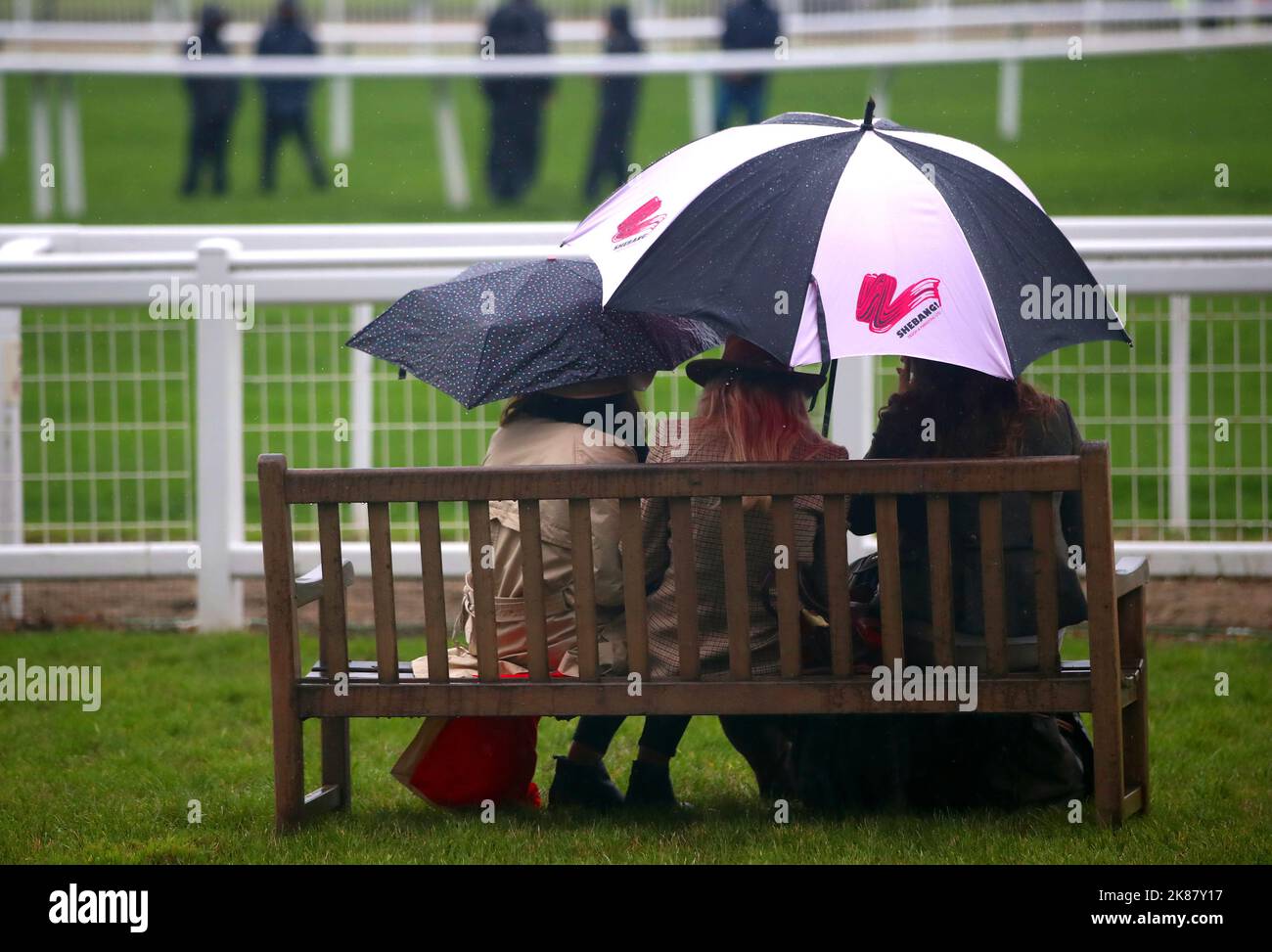 Racegoers shelter from the rain at Cheltenham racecourse. Picture date ...