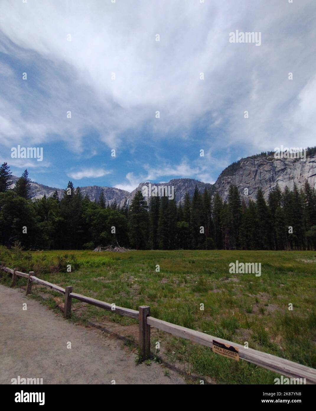 A road to a green field surrounded by forest and rocky snowy mountains ...