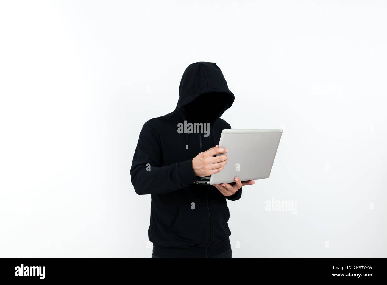 Man Standing With Laptop Presenting Cyber Security. Businessman ...