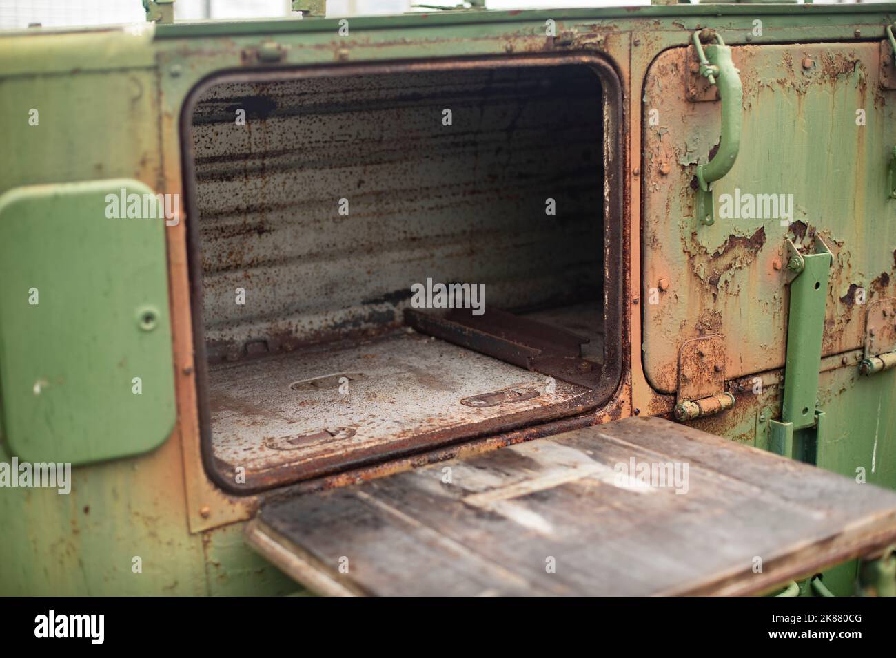 Steel furnace. Outdoor kitchen in detail. Pan storage tank. Field ...