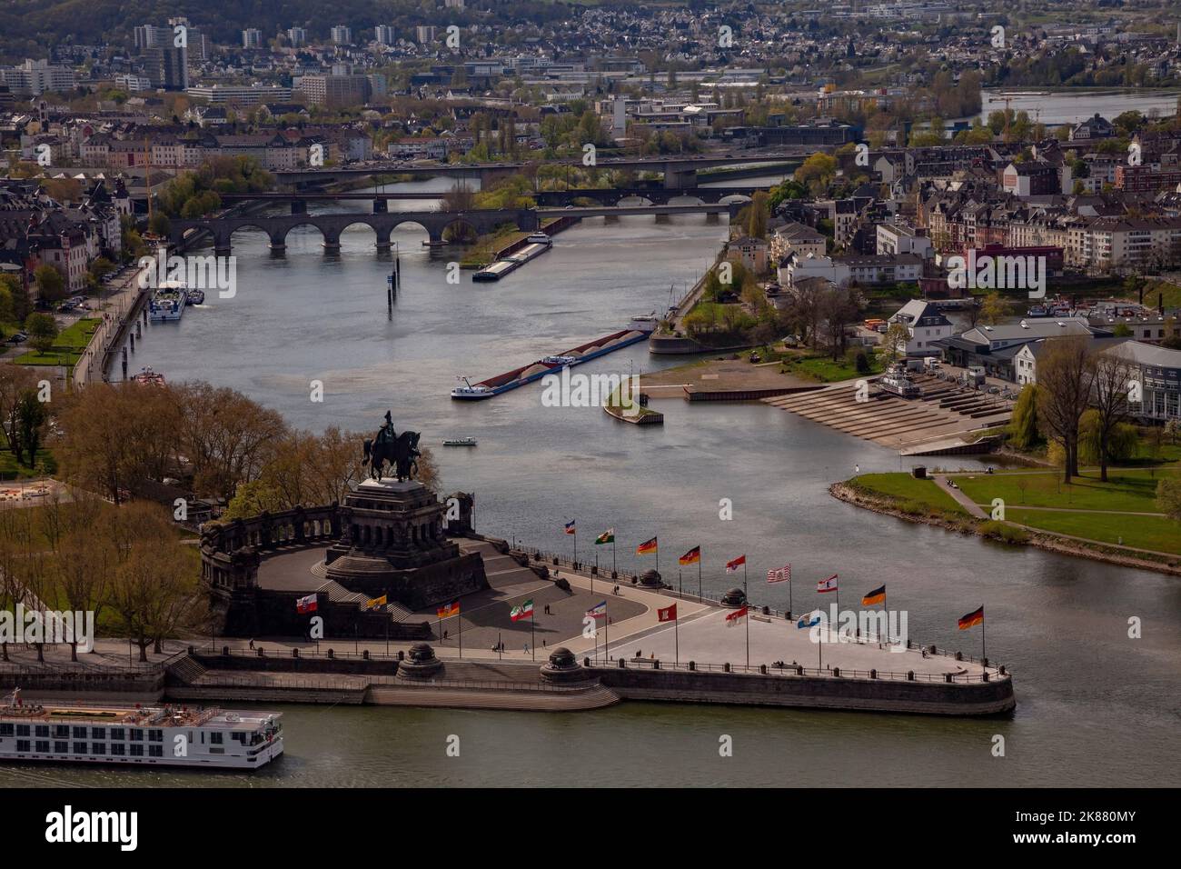 An aerial view of the German Corner in Koblenz, Germany. The meeting of ...