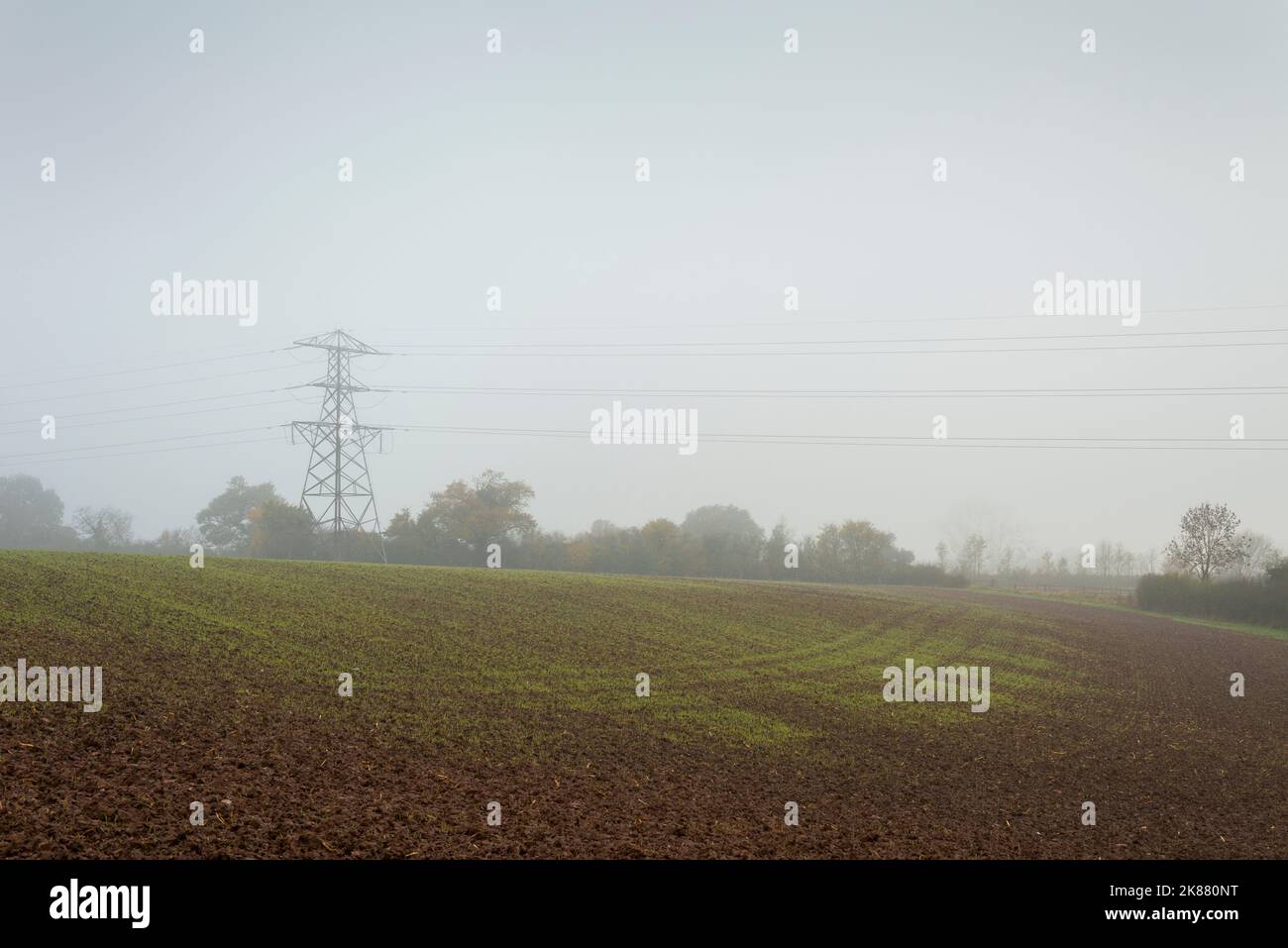High voltage electricity cables and a pylon in countryside on a foggy ...