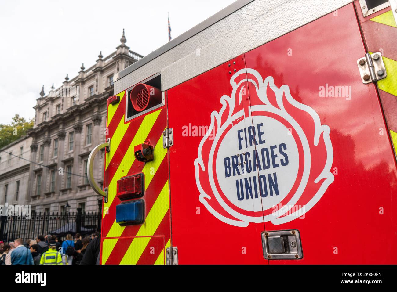 London UK. 21 October 2022 . A Fire Brigades Union truck is parked in ...