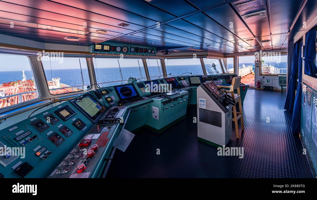 The view from the Navigation Bridge of an oil tanker vessel in Malaga ...