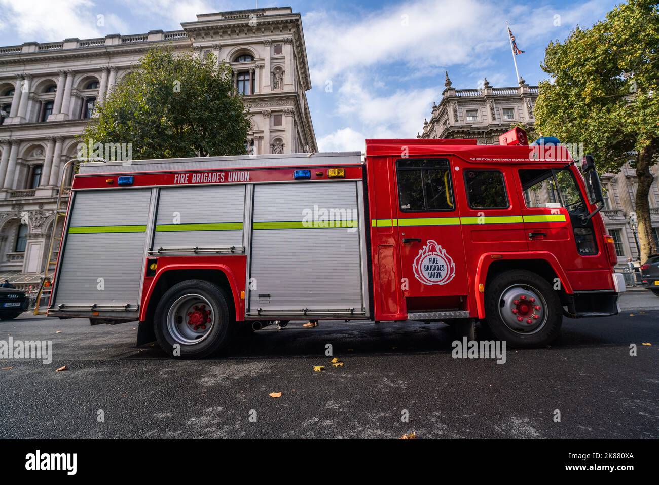 London UK. 21 October 2022 . A Fire Brigades Union truck is parked in ...