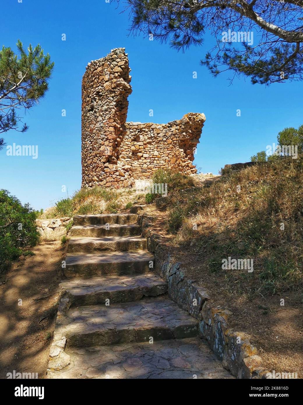 A vertical shot of the ancient half-ruined tower on the hill under blue ...