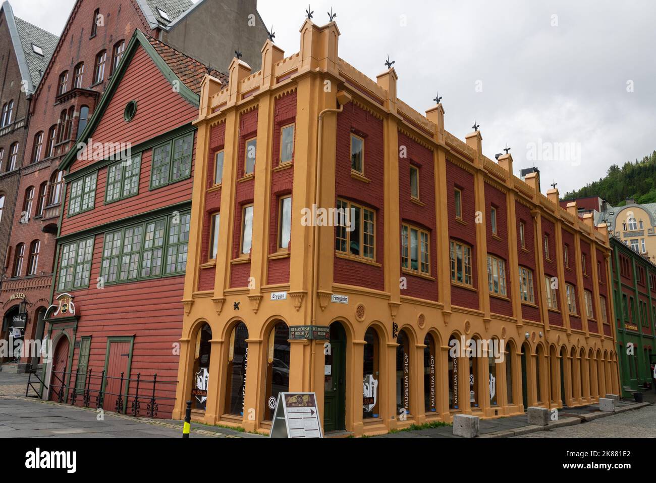 A scenic of the facade of historical buildings in Bergen, Norway on a ...