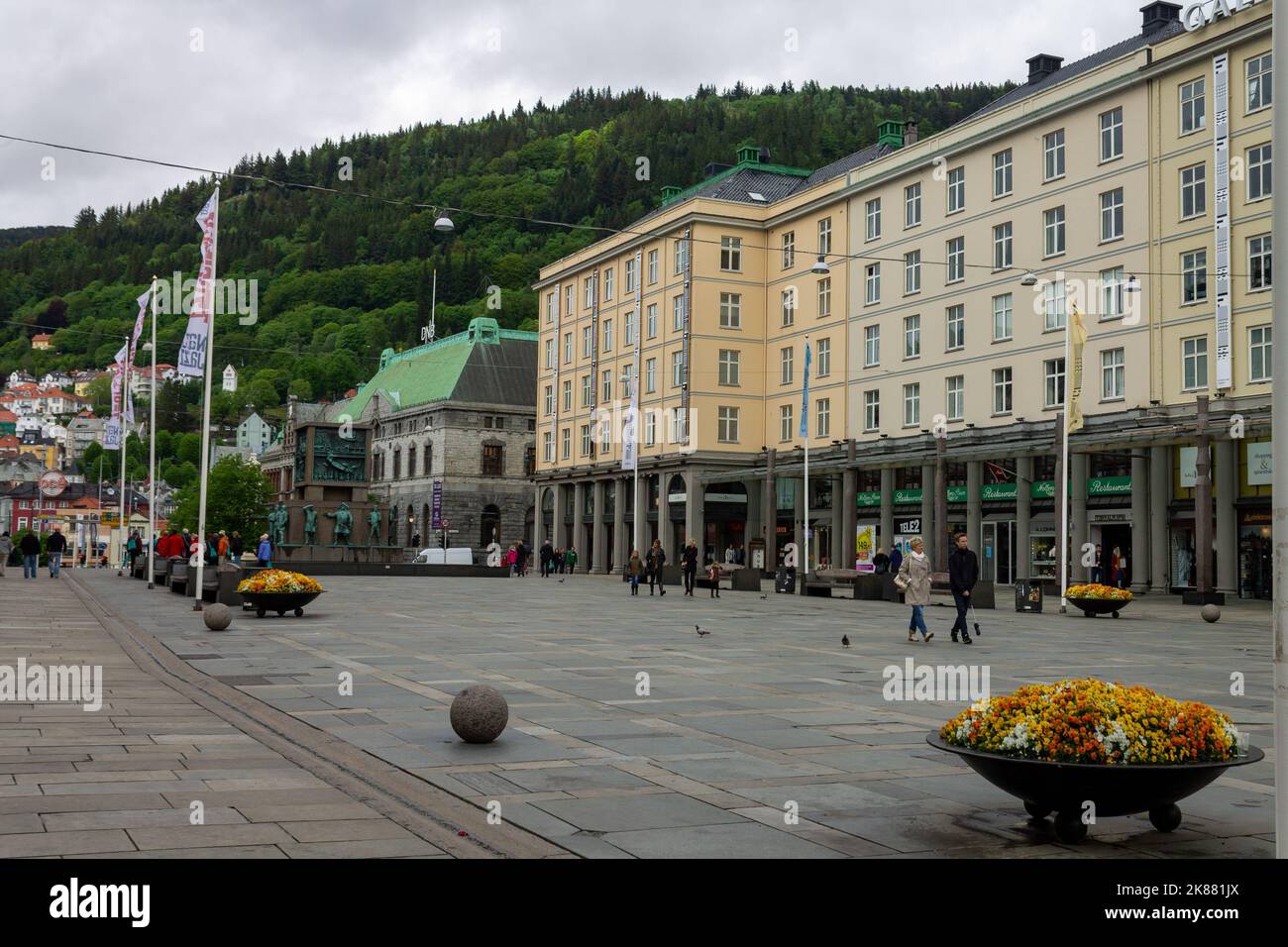 A scenic of the facade of historical buildings in Bergen, Norway on a ...
