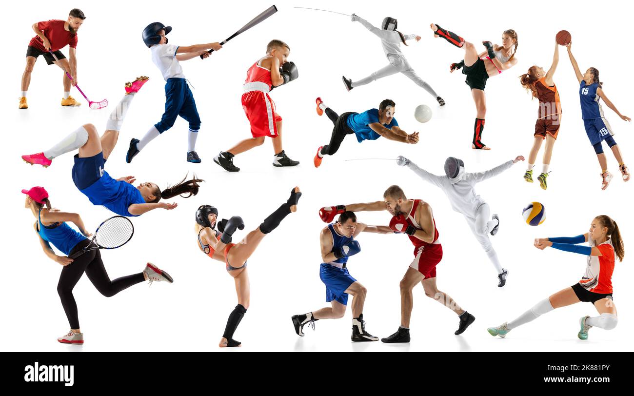Sport collage of professional athletes or players on white background ...