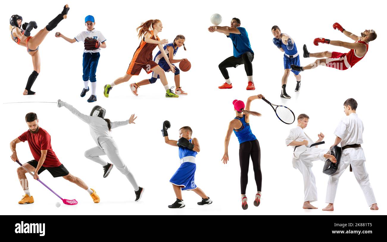 Sport collage of professional athletes or players on white background ...
