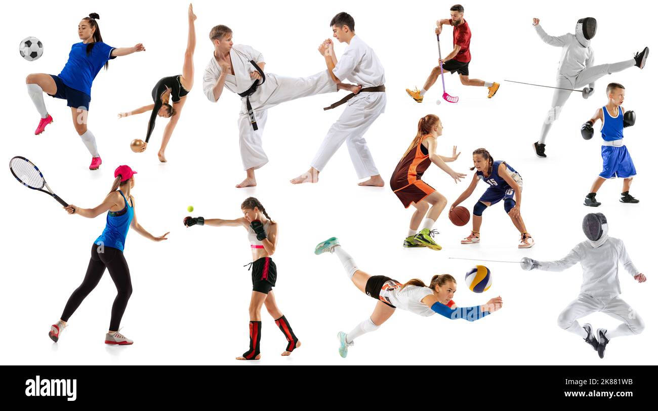 Sport collage of professional athletes or players on white background ...