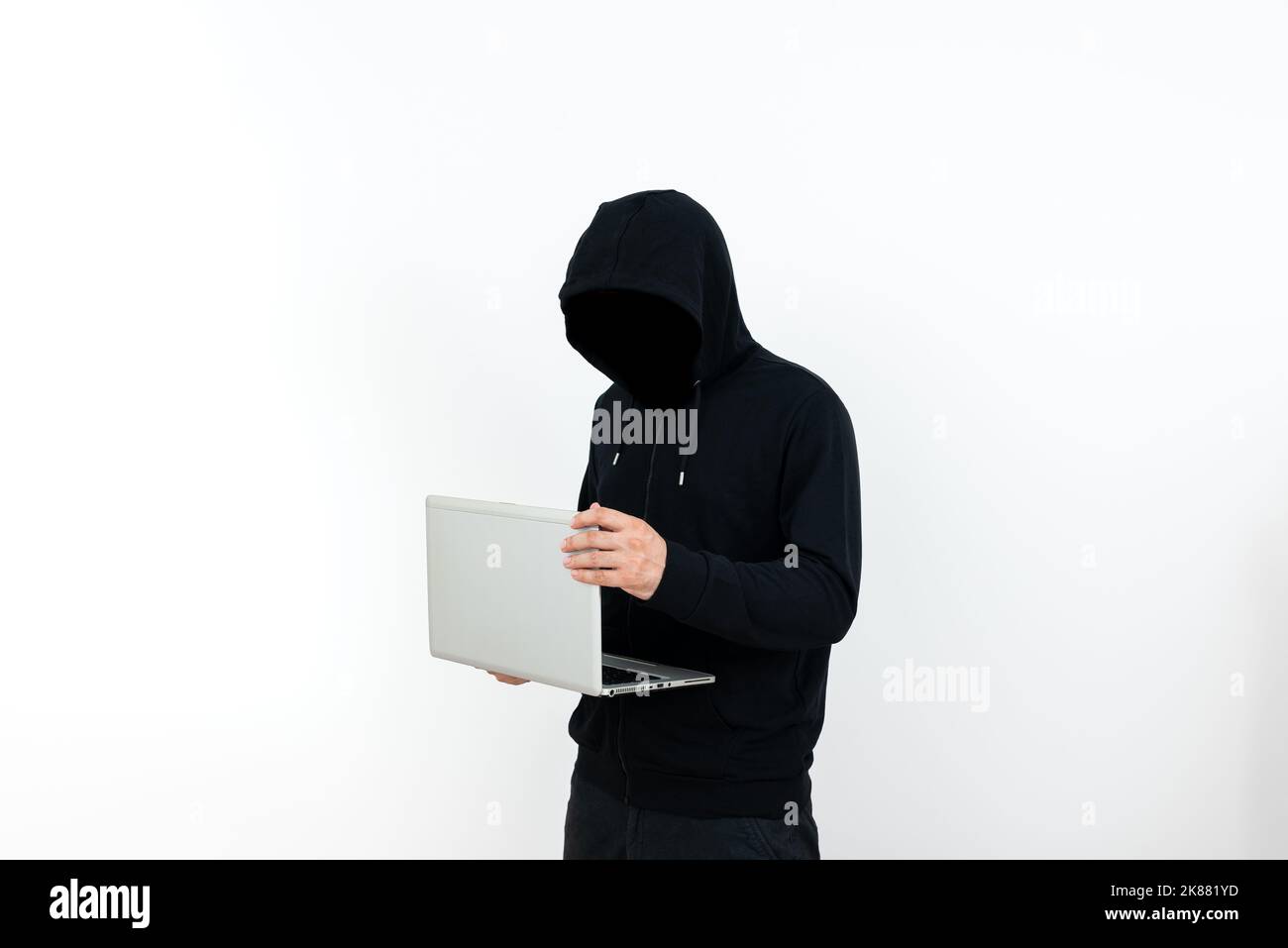 Man Standing With Laptop Presenting Cyber Security. Businessman ...