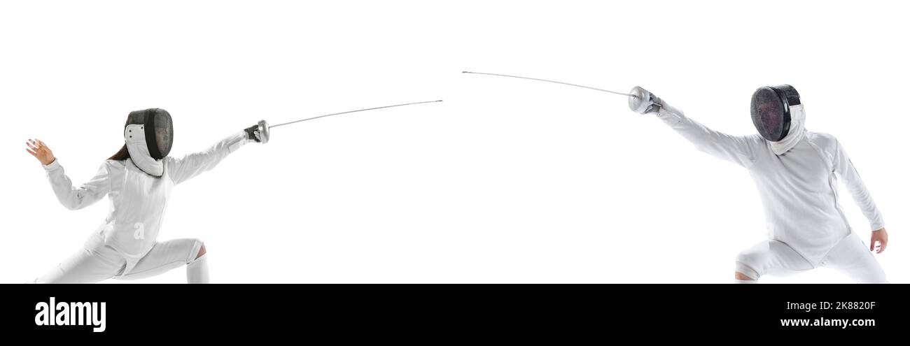 Girl and man in fencing costume with sword in hand on white background ...