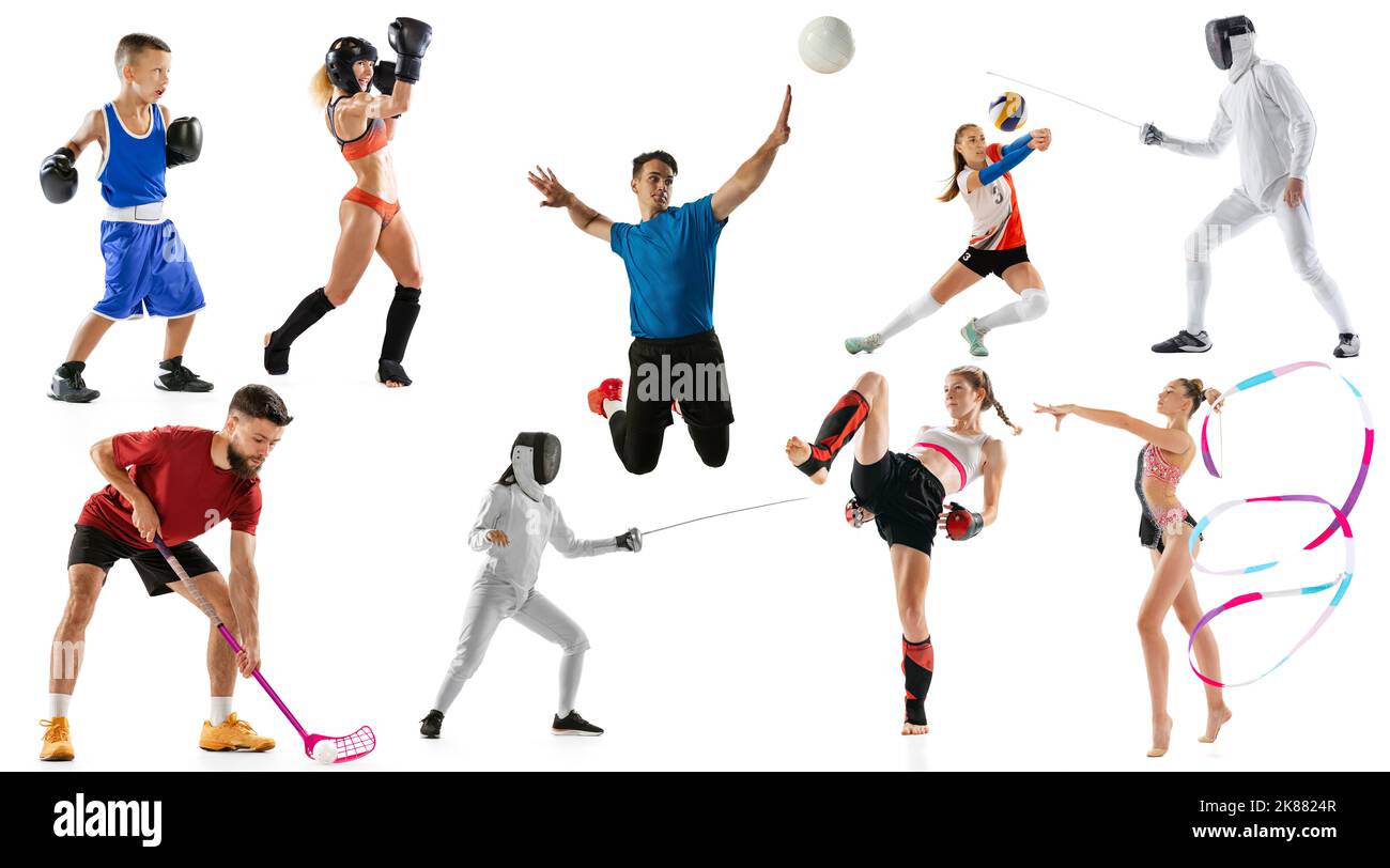 Sport collage of professional athletes or players on white background ...