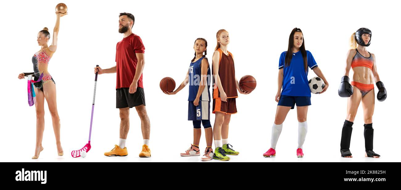 Team of professional sportsmen in sports uniform over white background ...