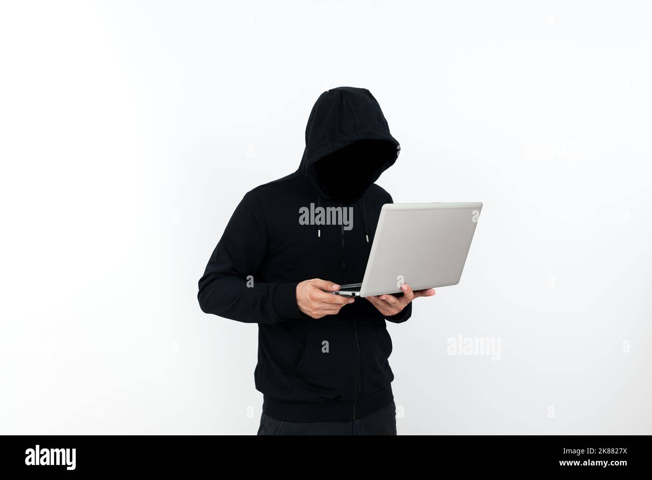 Man Standing With Laptop Presenting Cyber Security. Businessman ...