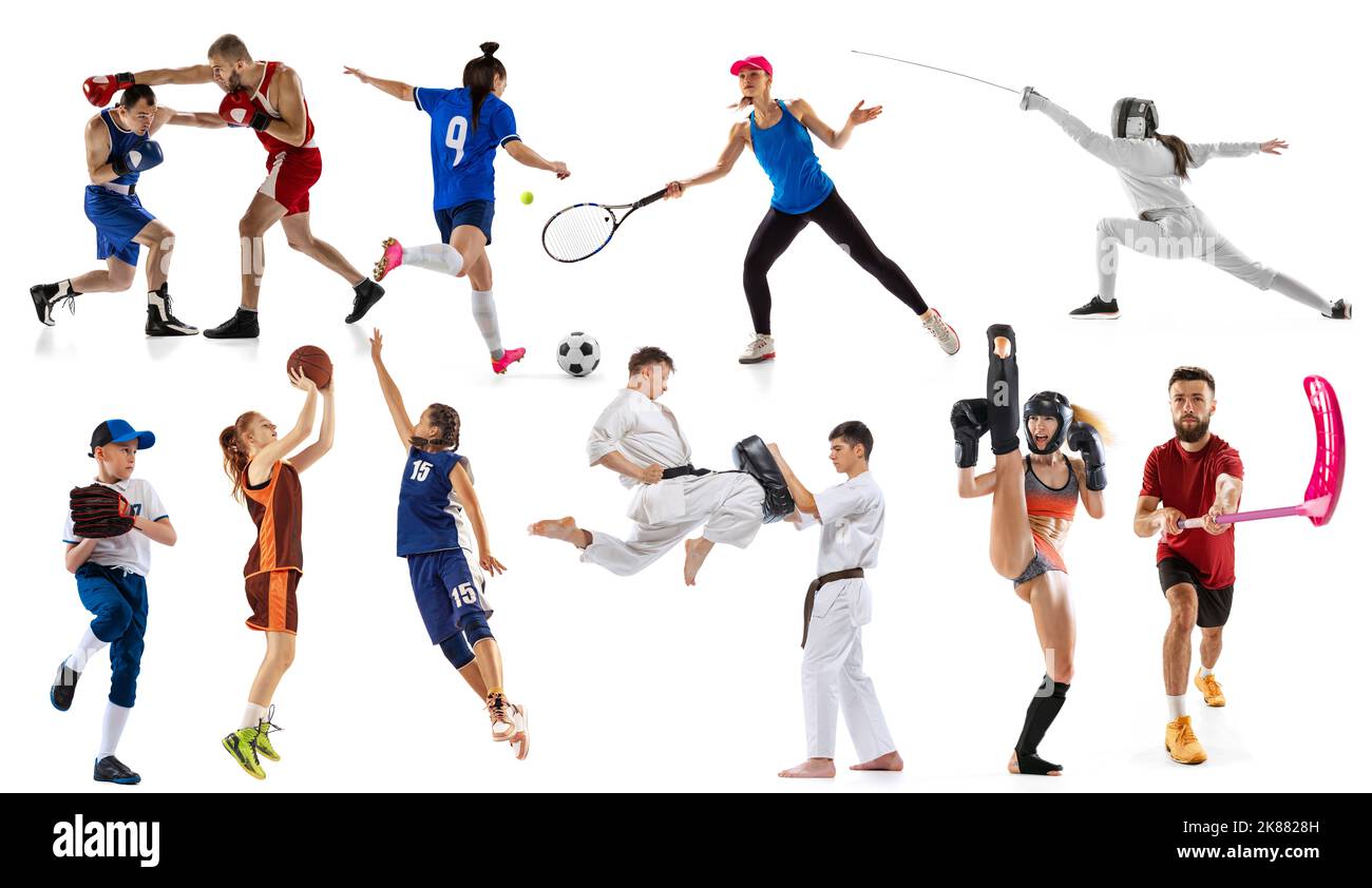 Sport collage of professional athletes or players on white background ...