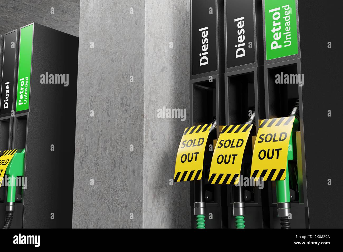 Petrol dispensers tagged with a SOLD OUT sign at gas station ...