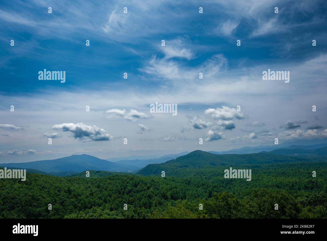 Blue Ridge Mountains of North Carolina with dramatic sky and whispy ...