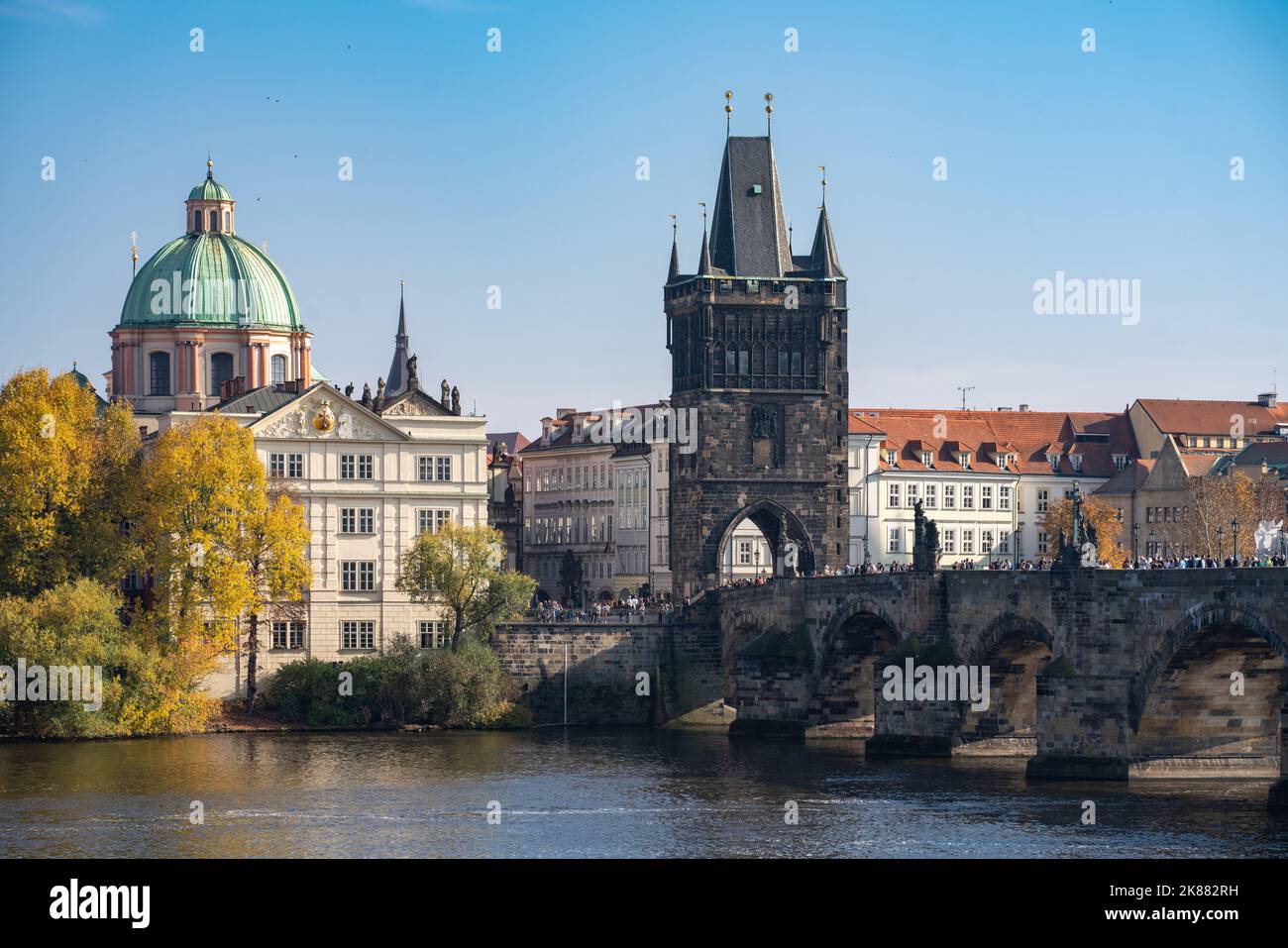 Old Town side of Charles Bridge in Prague, with bridge tower and ...