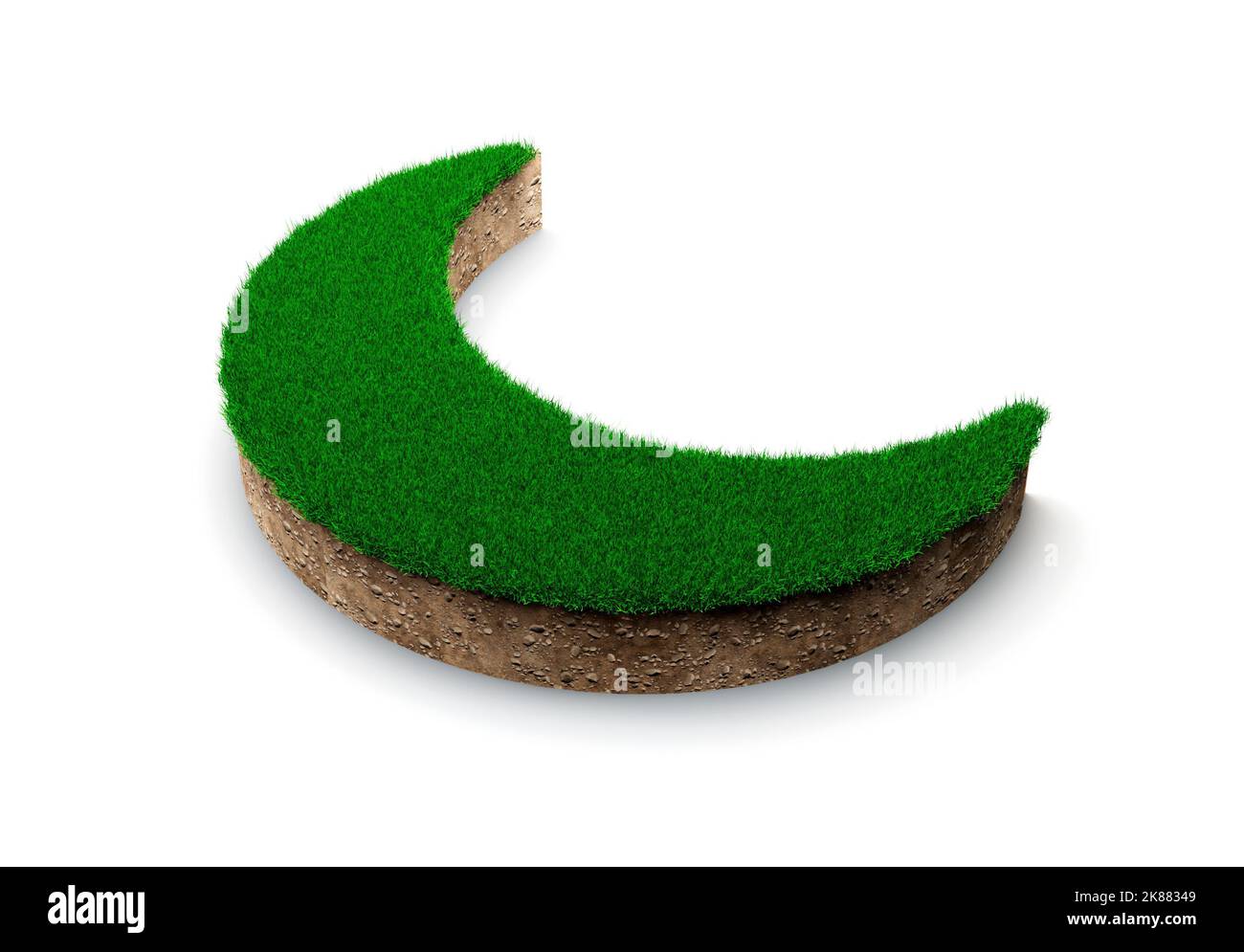 crescent moon shape soil land geology cross section with green grass ...