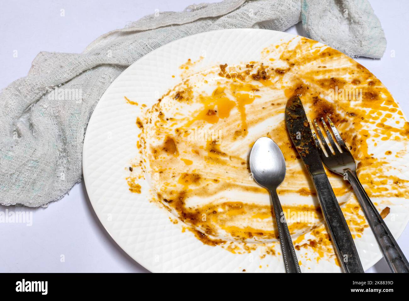Empty plate, dirty after the meal is finished. With fork and spoon in ...