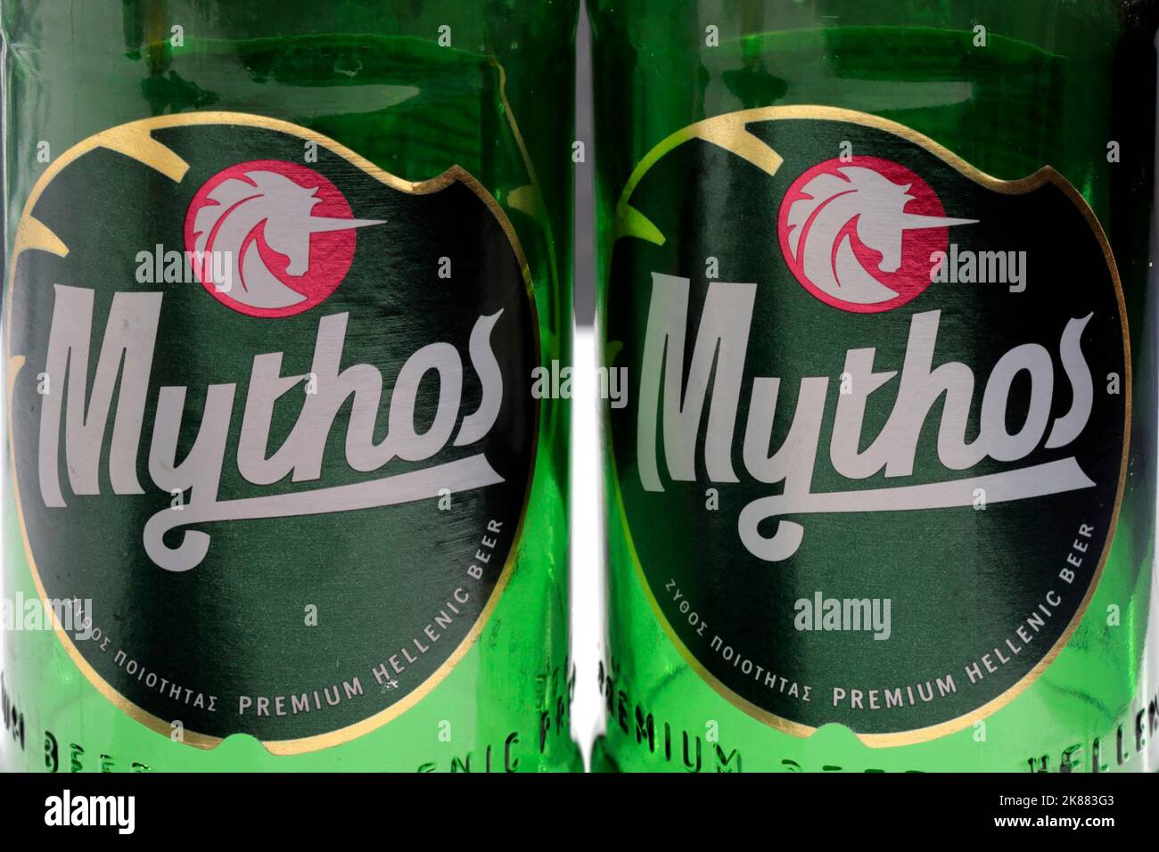Two Green Mythos Greek beer bottles outdoors on a sunny day. Sept / Oct ...