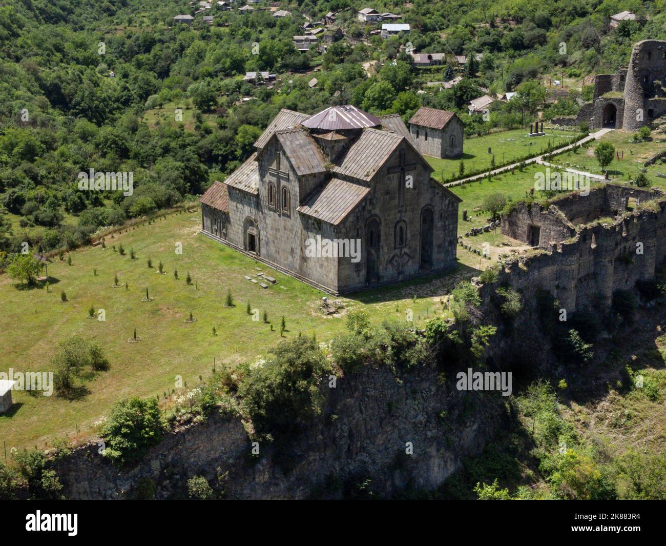 Ancient armenian Akhtala Monastery in the north part of Armenia. Aerial ...