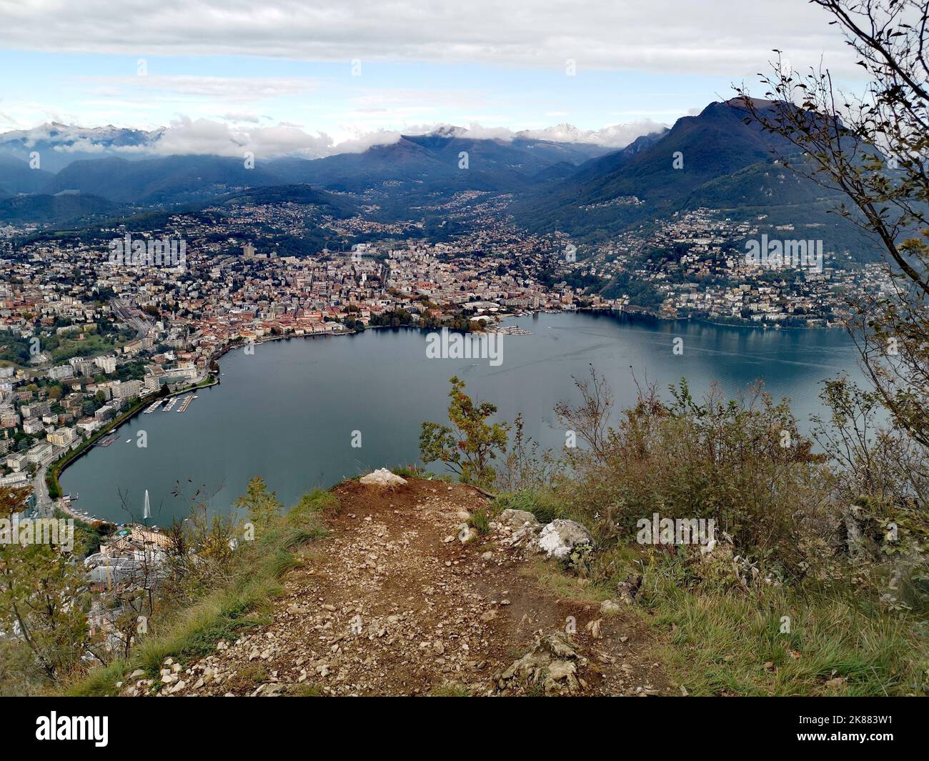 An aerial view of the gorgeous Monte San Salvatore and lake Lugano in ...