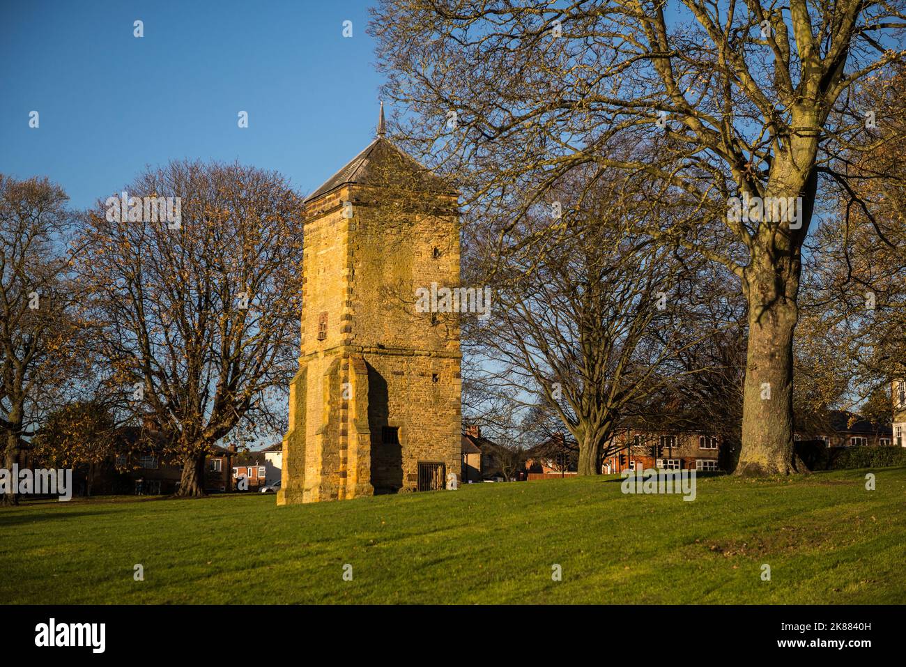 The historic stone fortress tower in Abington Park, Northampton Stock ...
