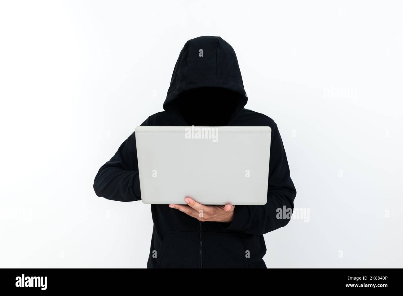 Man Standing With Laptop Presenting Cyber Security. Businessman ...