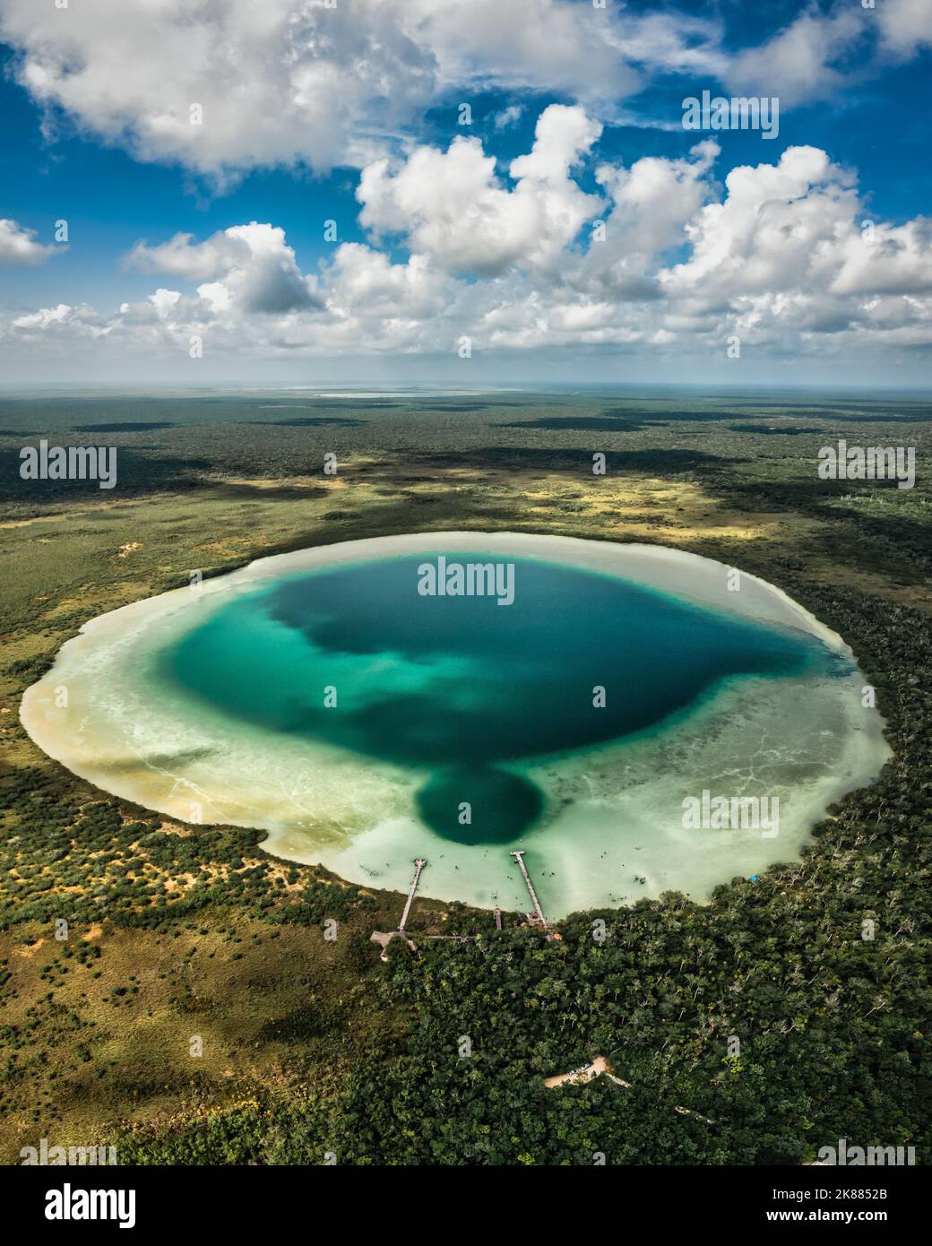 An aerial of Laguna de Kaan Luum, Tulum lagoon with turquoise water ...
