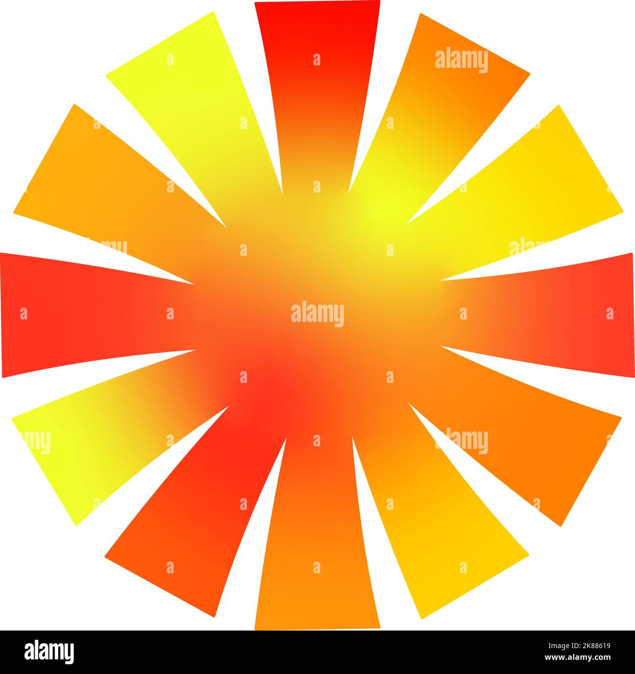 A circle logo of red orange and yellow geometric rays divided from the ...