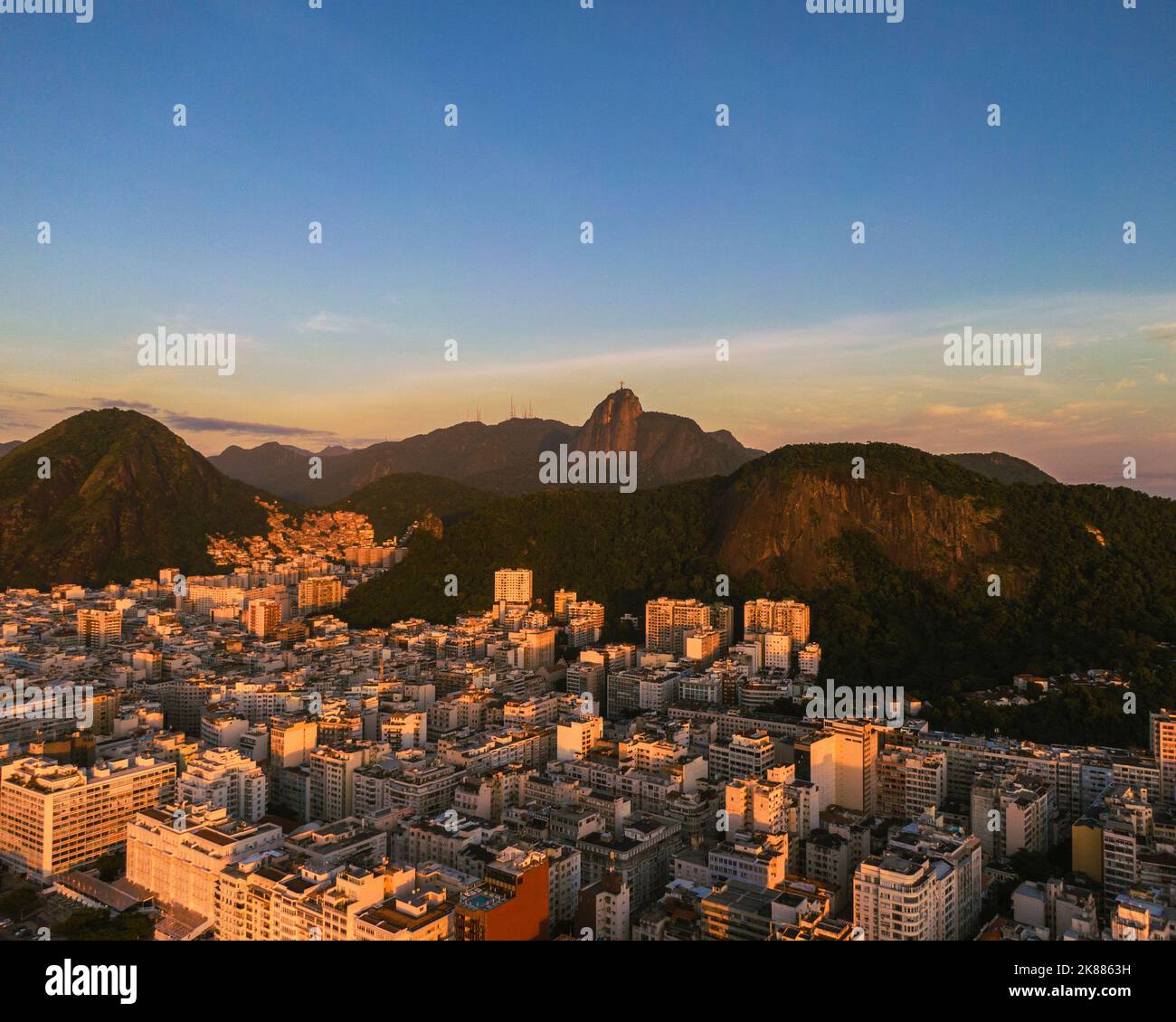An aerial view of golden sunrise over Rio de Janeiro, Brazil, with ...