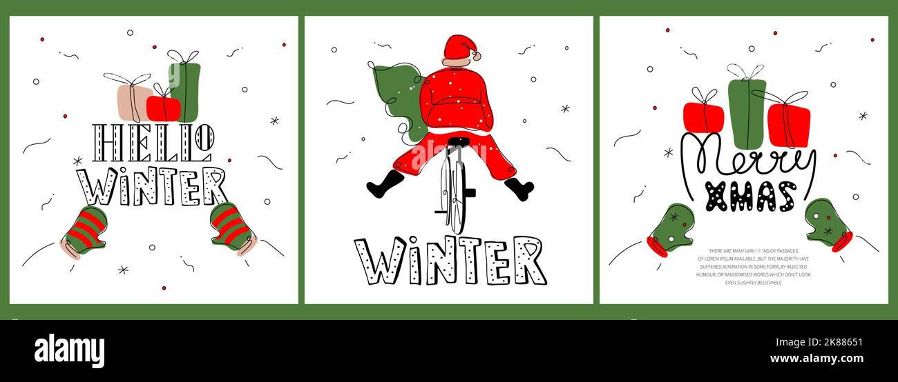 Merry Christmas set postcards with cute Santa Claus on bicycle and ...