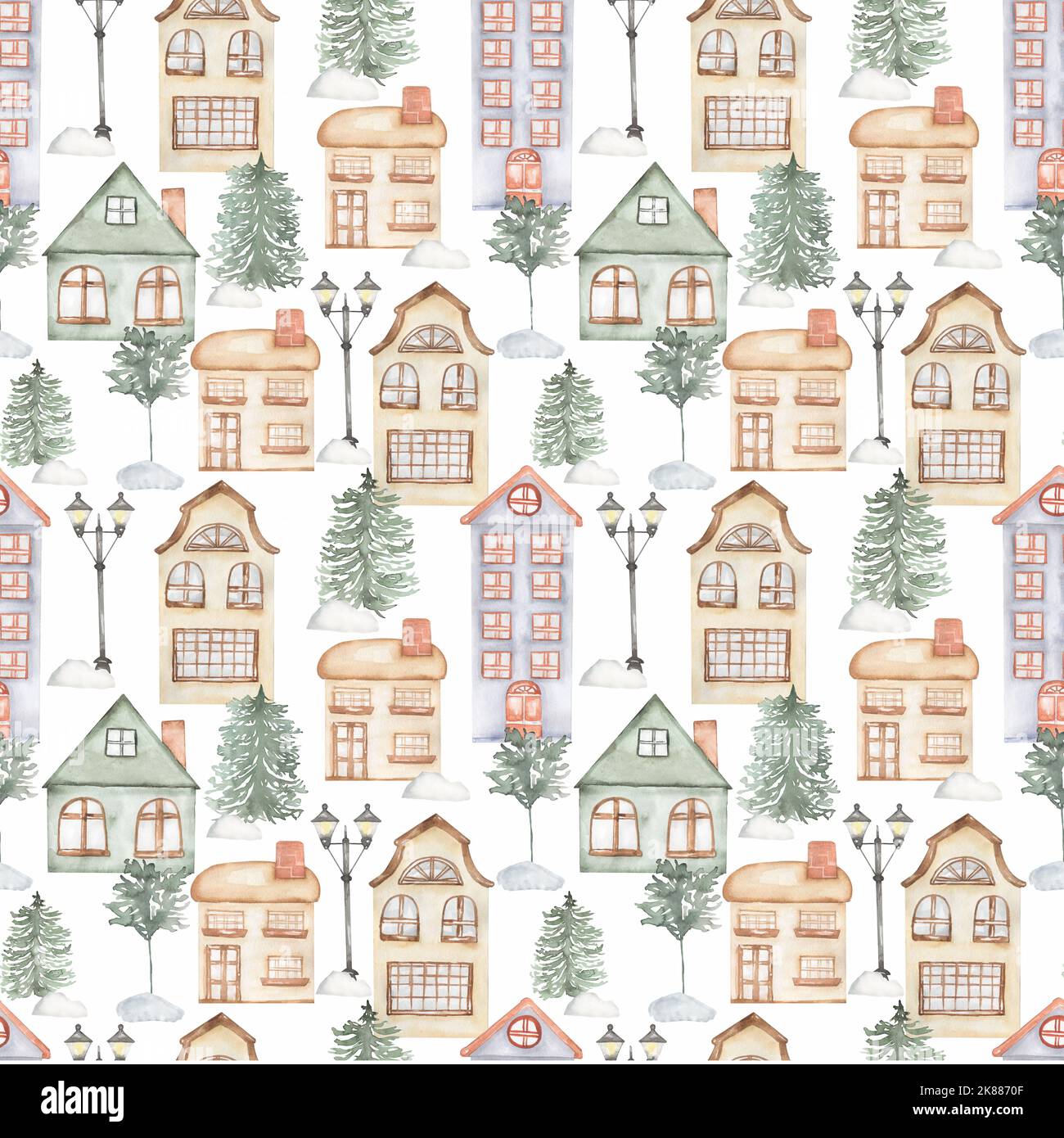 Seamless watercolor pattern with cute scandinavian houses and trees ...