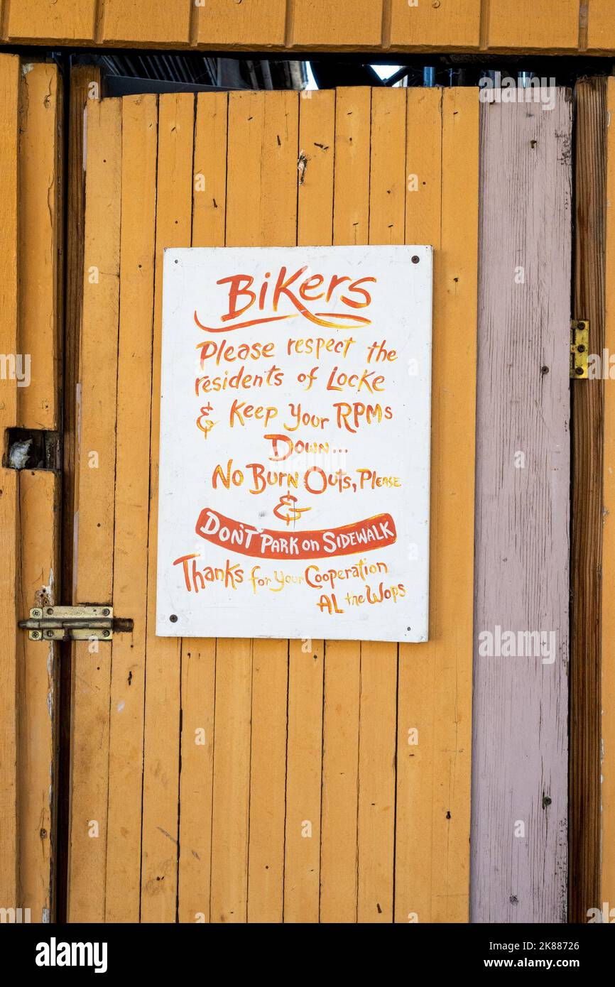 Sign in Locke asking bikers to respect the residents and keep noise ...
