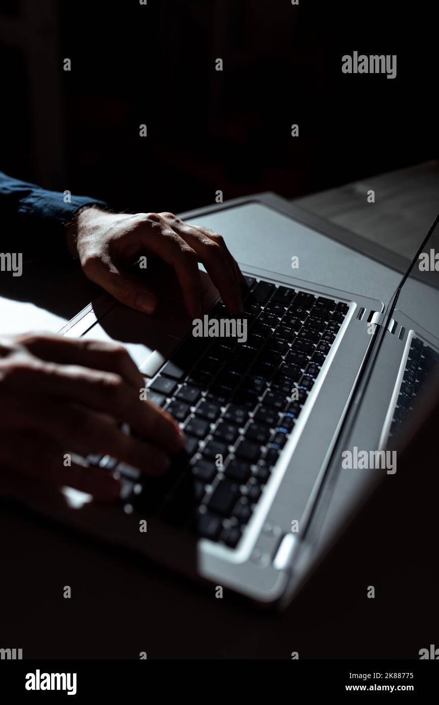 Businessman Typing Recent Updates On Lap Top Keyboard On Desk. Man In ...