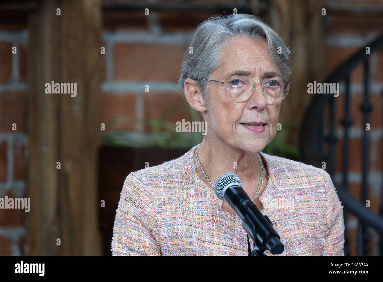 French Prime Minister Elisabeth Borne delivers a speech at the launch ...