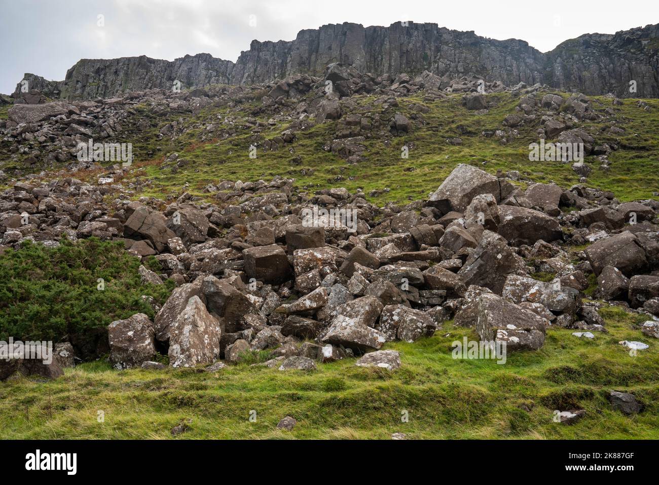 A view of fallen rocks and boulders from a mountain on the Isle of Skye ...