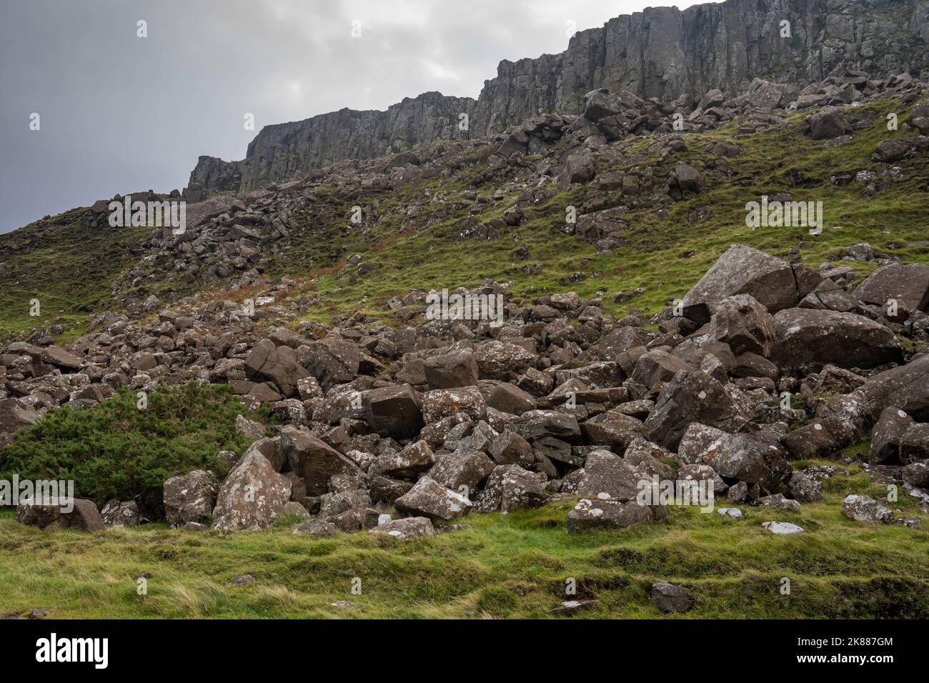 A view of fallen rocks and boulders from a mountain on the Isle of Skye ...