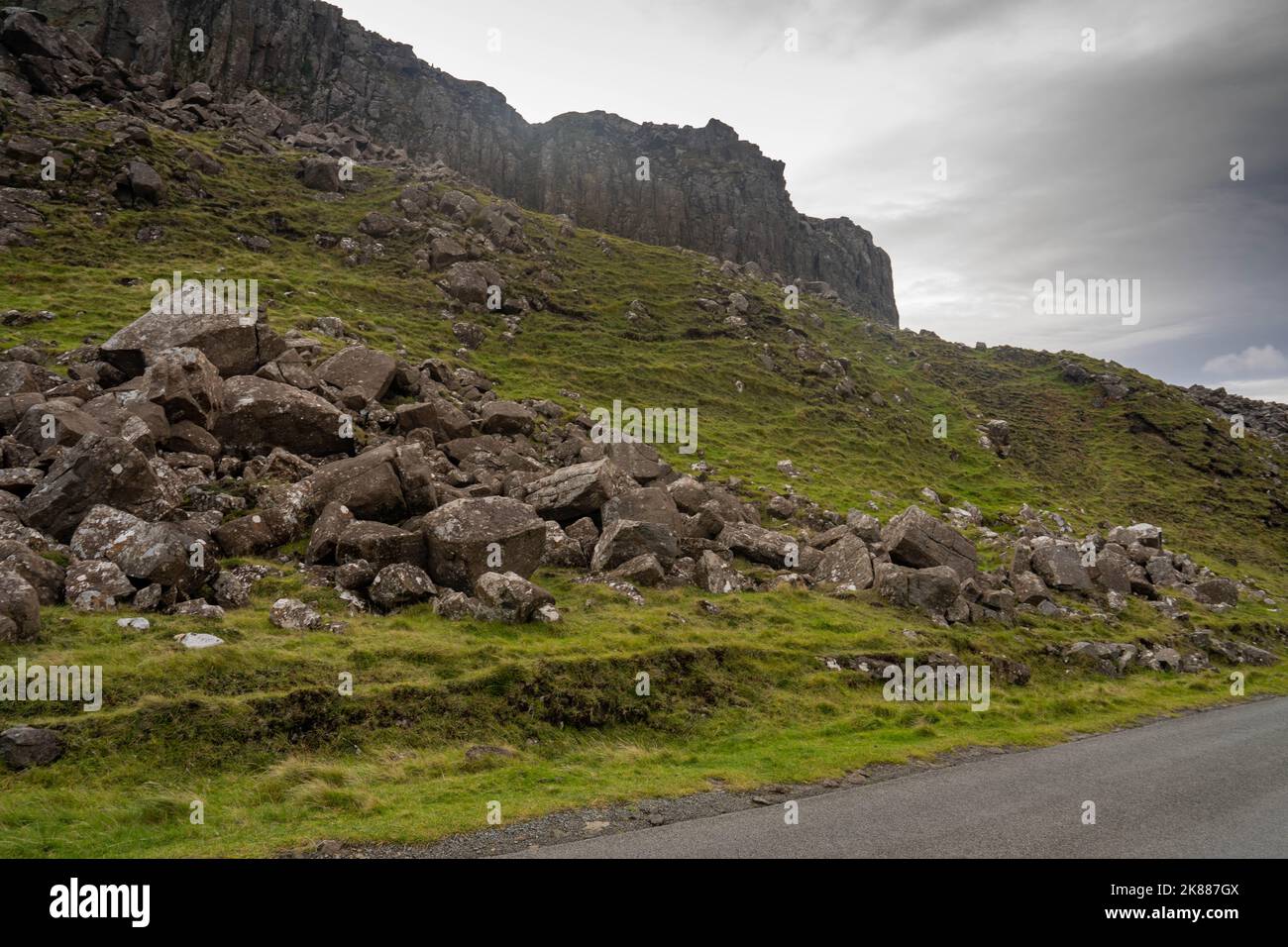 A view of fallen rocks and boulders from a mountain on the Isle of Skye ...