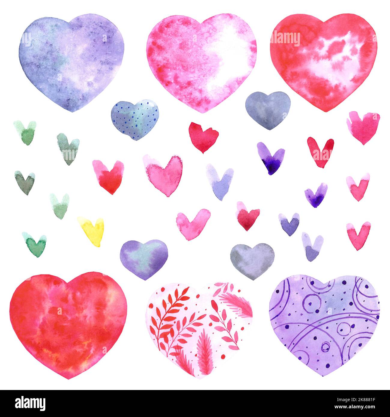 Handdrawn set of watercolor hearts. Scrapbook valentine design ...