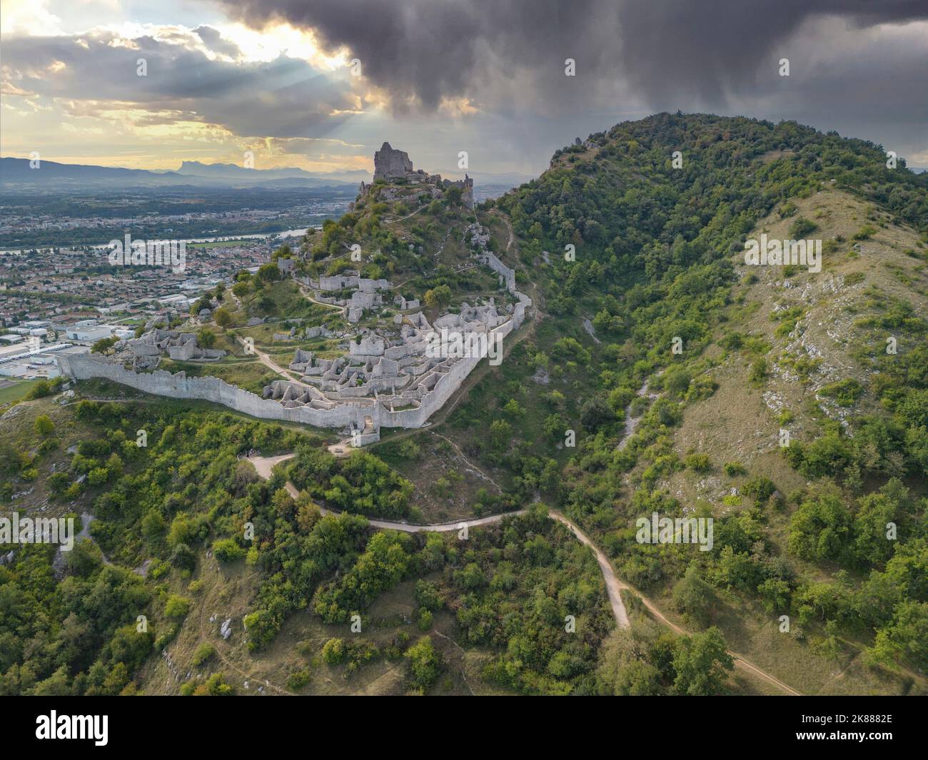 Aerial view of Chateau féodal de Crussol, Ardêche, France Stock Photo ...
