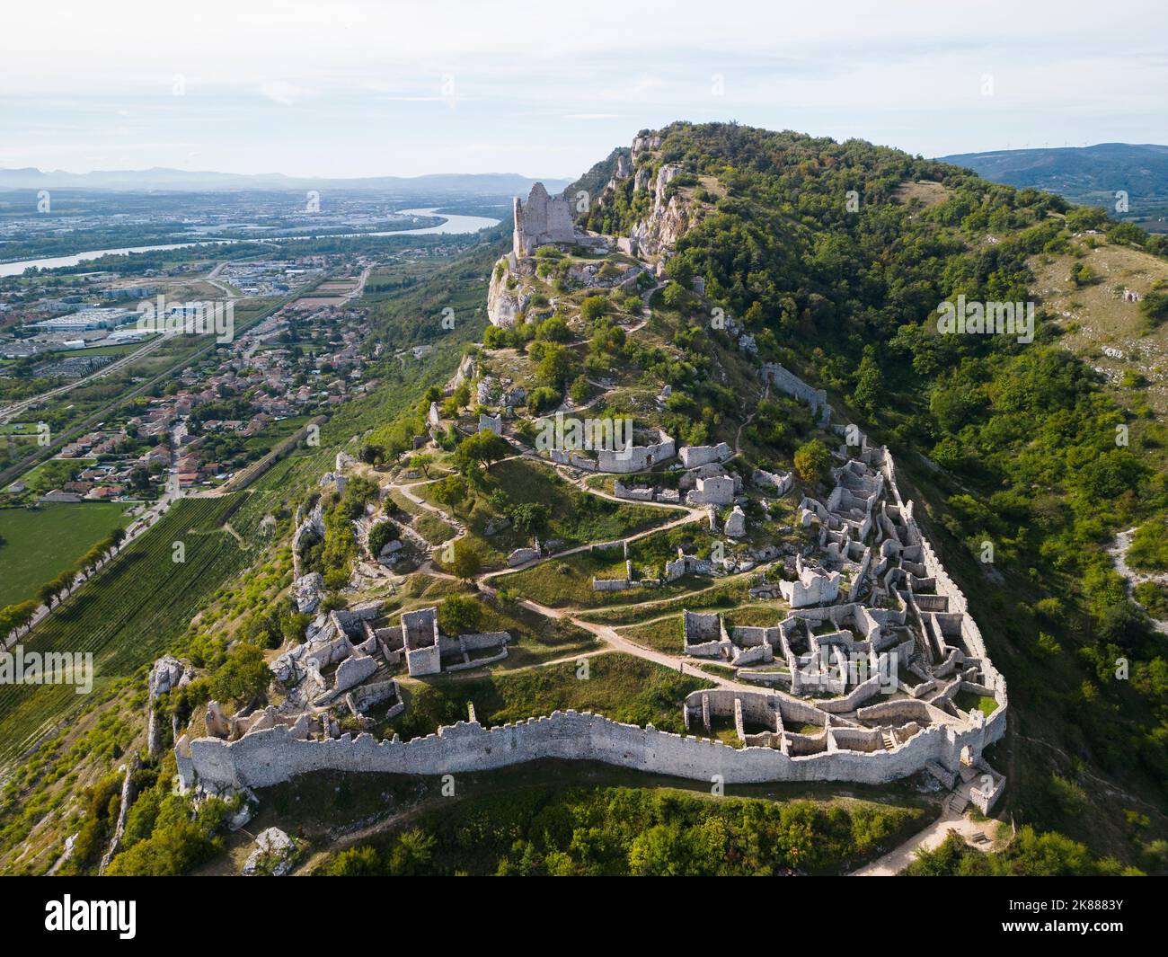Aerial view of Chateau féodal de Crussol, Ardêche, France Stock Photo ...