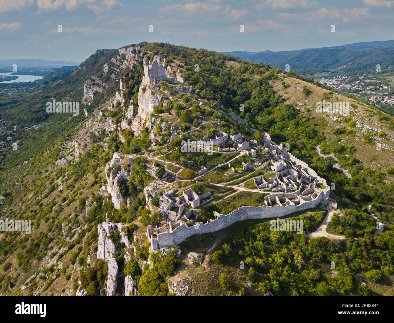 Aerial view of Chateau féodal de Crussol, Ardêche, France Stock Photo ...