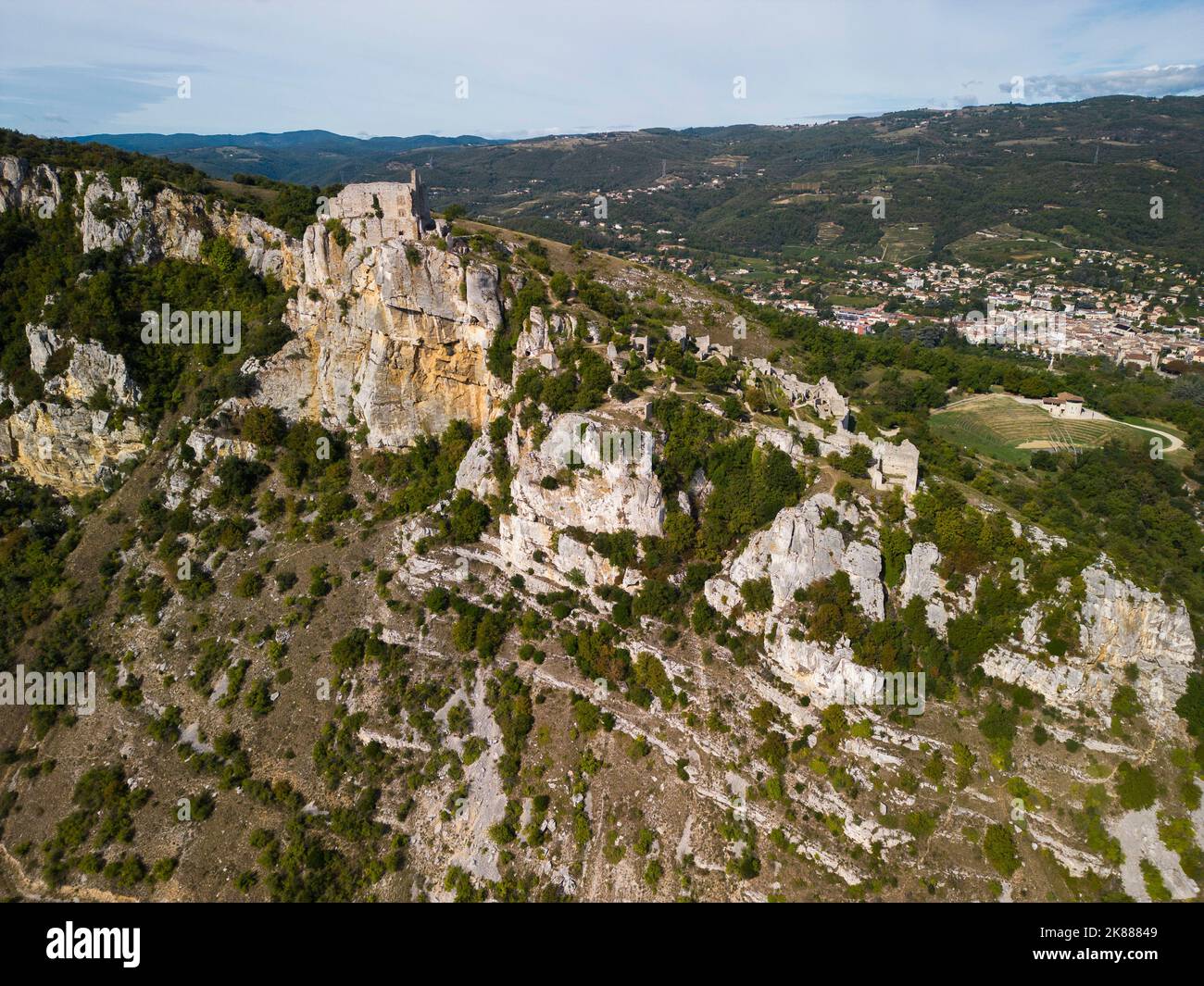 Aerial view of Chateau féodal de Crussol, Ardêche, France Stock Photo ...