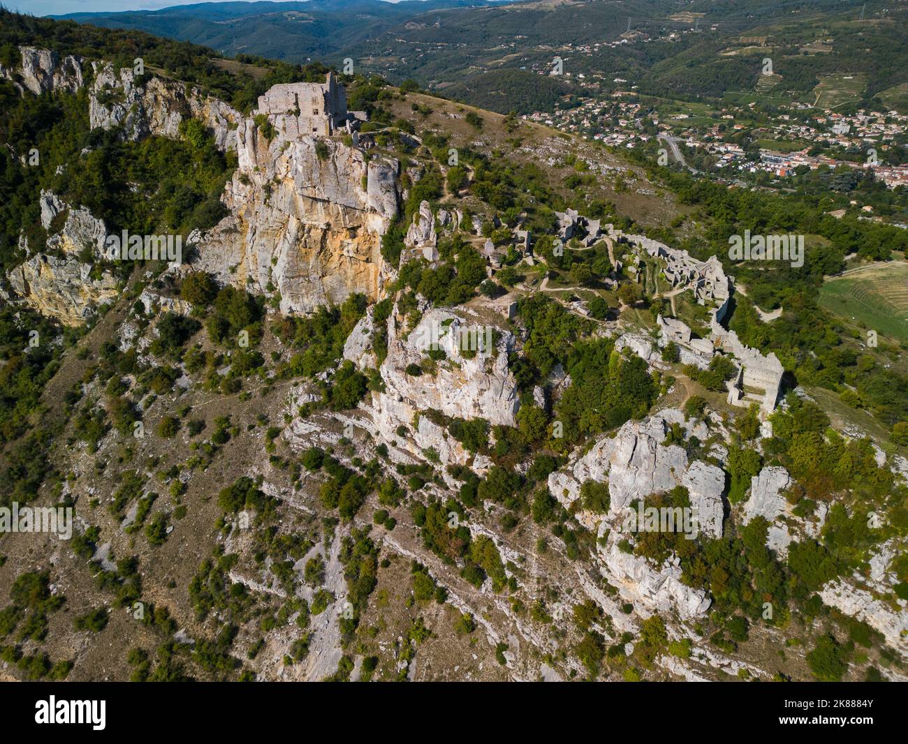 Aerial view of Chateau féodal de Crussol, Ardêche, France Stock Photo ...